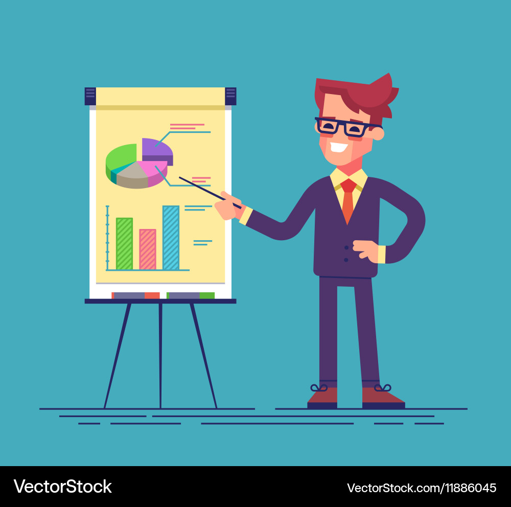 Man standing near flip chart and pointing graphs Vector Image