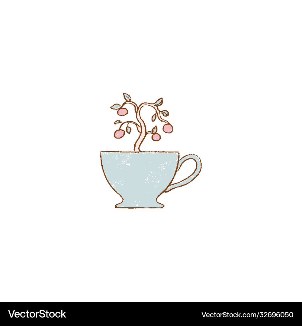 Blue cup with tree tea plant hand-drawn Royalty Free Vector