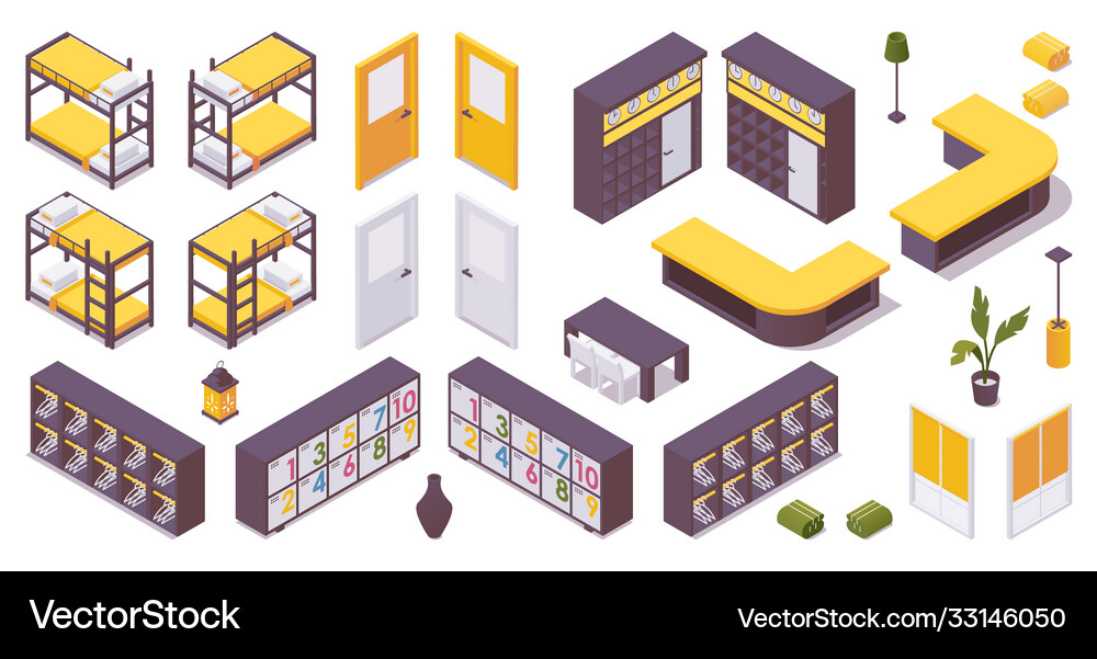 Isometric set items for 3d hotel lobby hostel Vector Image