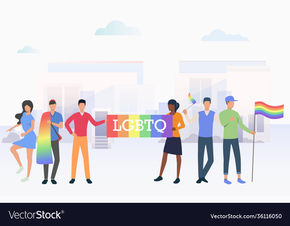 People holding lgbtq flags in pride parade city Vector Image