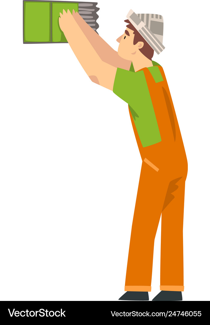 Handyman installing ceramic tiles on wall male Vector Image