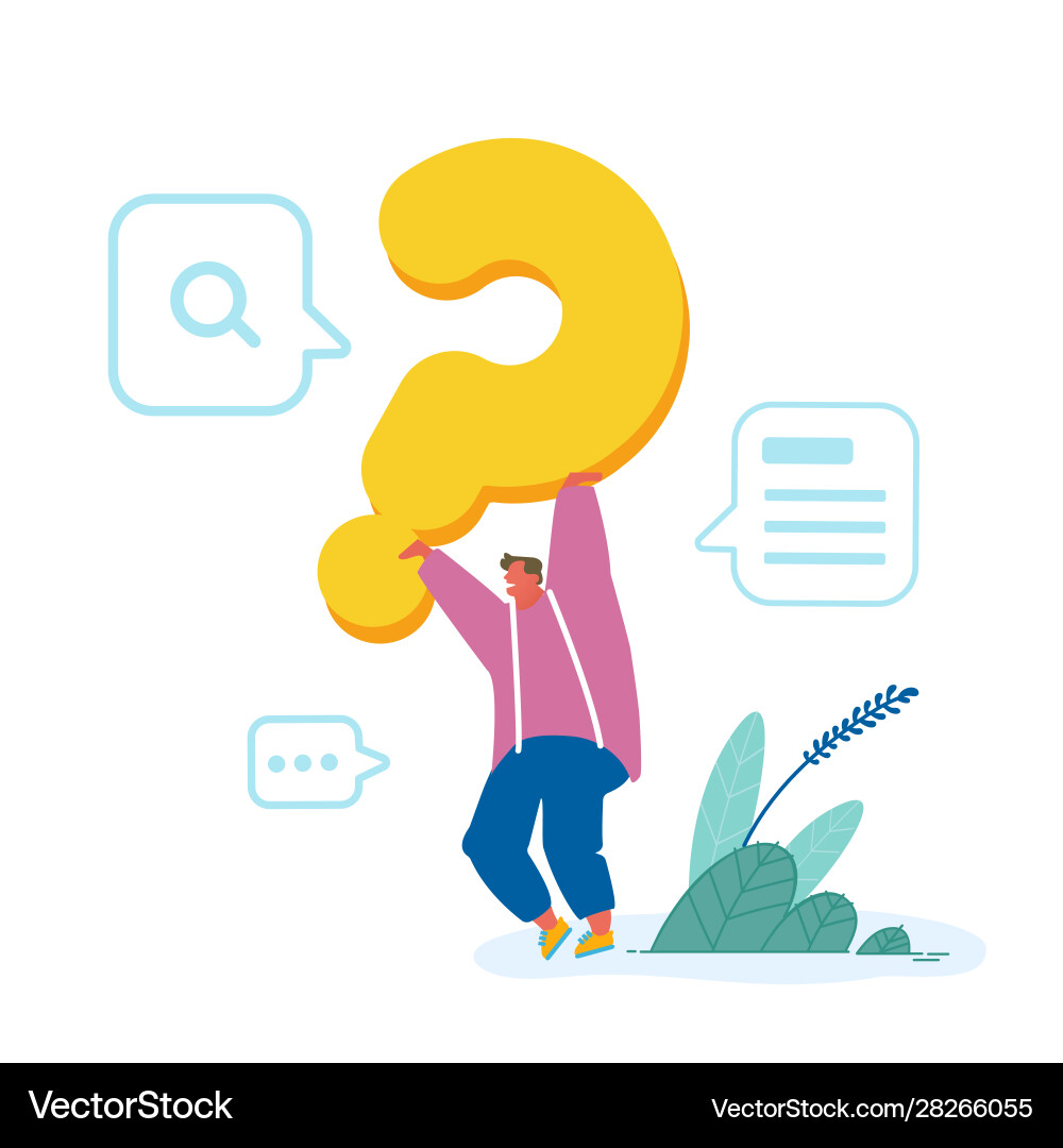 Happy young man holding huge question mark above Vector Image