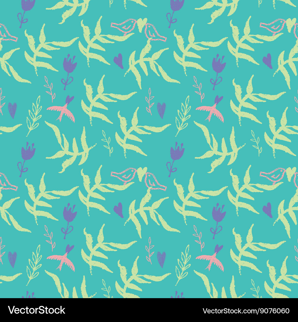 Sky blue seamless pattern with flowers and birds Vector Image