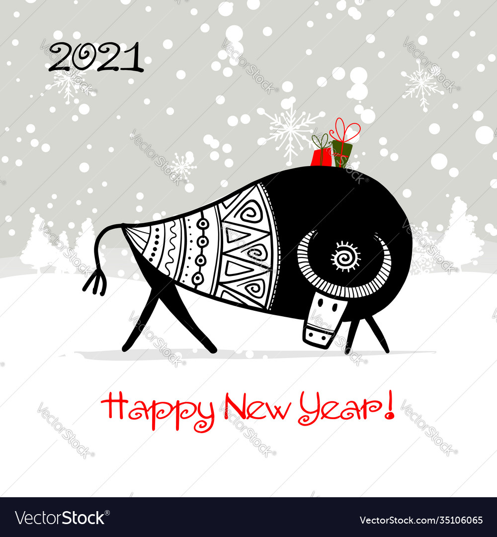 Happy new year 2021 bull ox cow winter forest Vector Image