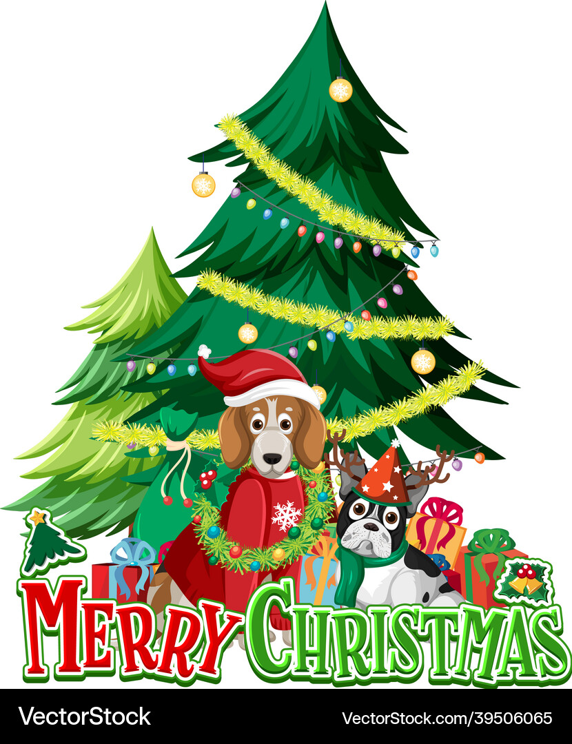 Merry christmas text logo with christmas tree Vector Image