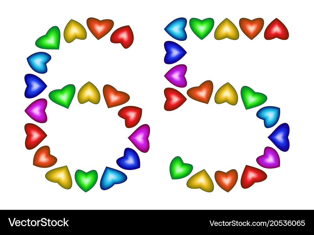 Number 65 sixty five colorful hearts on white Vector Image