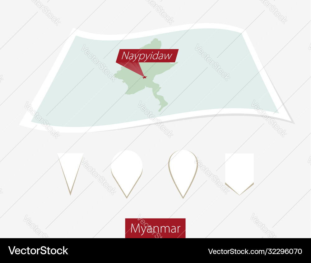 Curved paper map myanmar with capital Royalty Free Vector