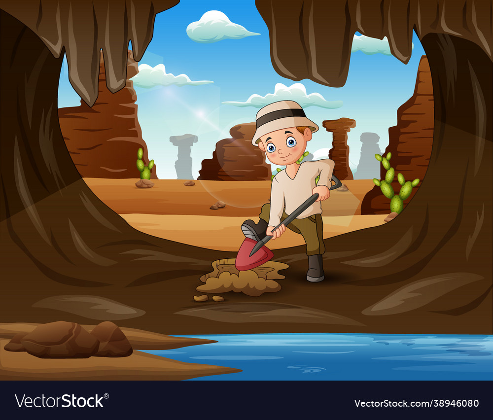 Cartoon a man digging ground in cave Royalty Free Vector