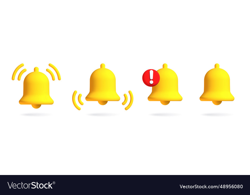Realistic 3d notification yellow bell icon set Vector Image