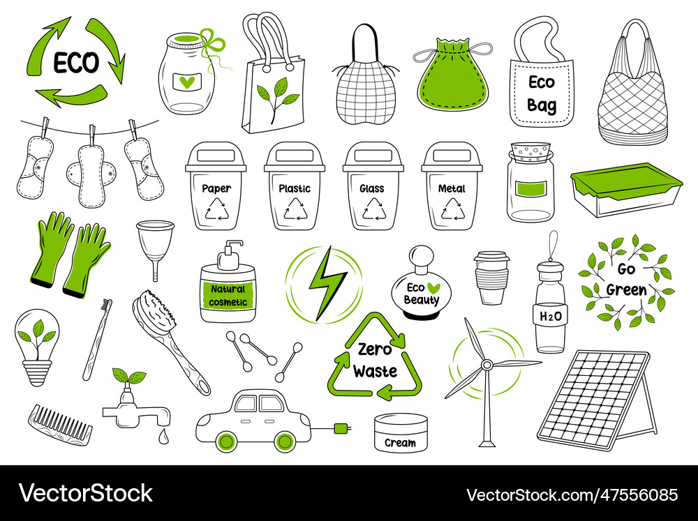 Ecology zero waste eco lifestyle doodle set Vector Image
