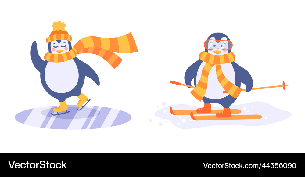 Adorable Penguins Ice Skating & Skiing – Royalty-Free Vector | VectorStock