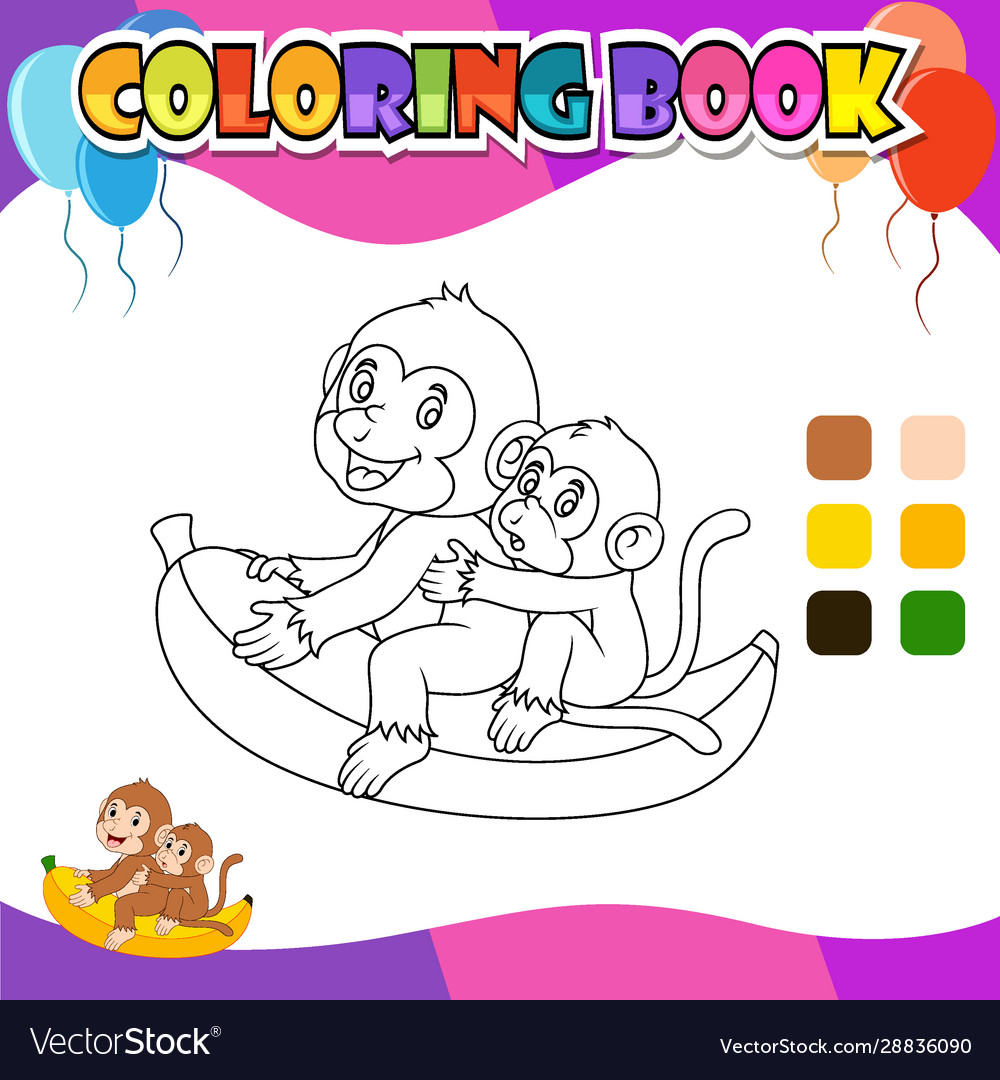 Coloring book monkey riding banana cartoon Vector Image