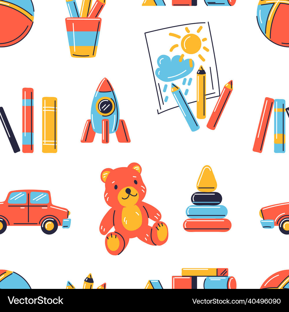 Seamless pattern with various kids toys happy Vector Image