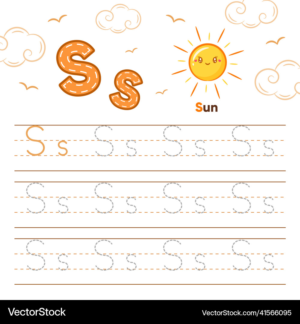 Alphabet worksheet letter s learning with cute sun
