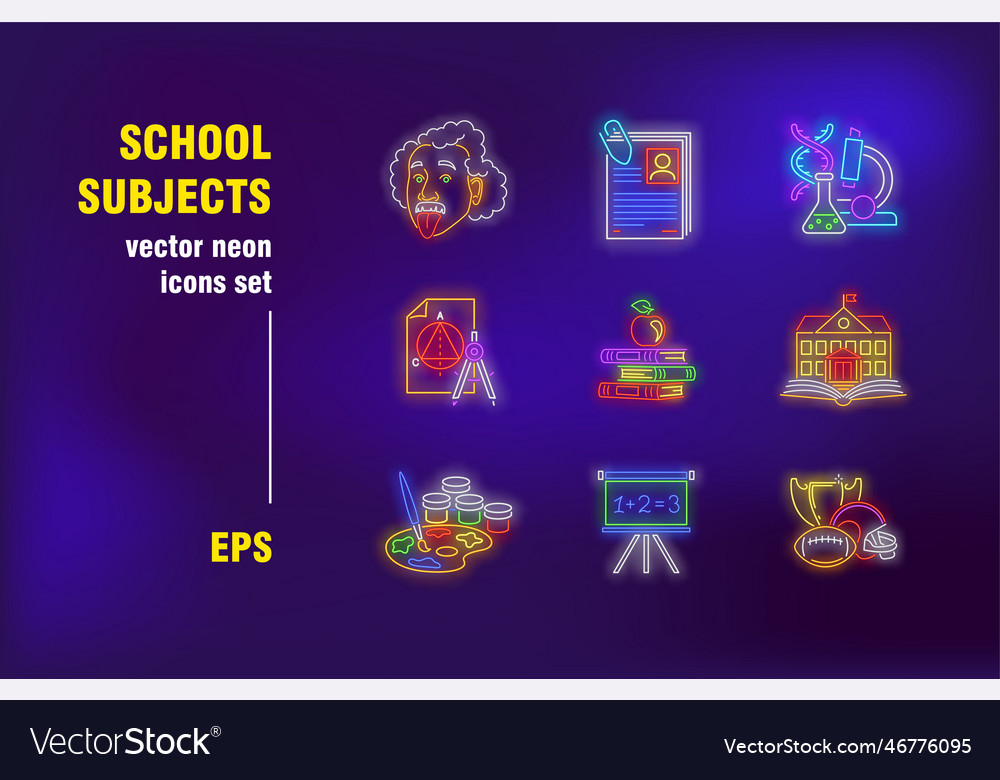 School subjects in neon style Royalty Free Vector Image