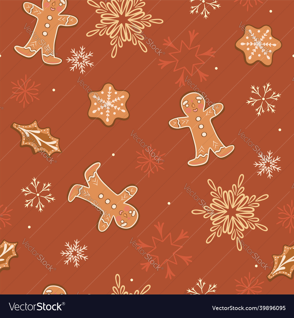 Seamless pattern with gingerbread and snowflakes Vector Image