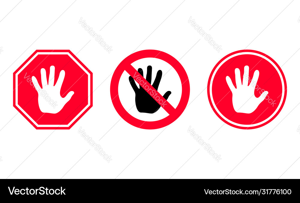 Set simple red stop sign with big hand symbol Vector Image