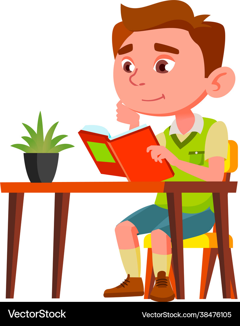 Boy child reading interesting book at table Vector Image
