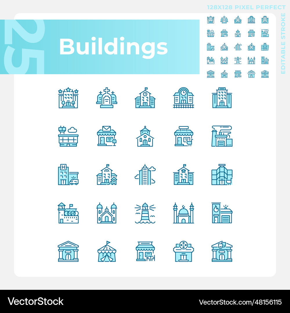 Editable pixel perfect blue building icons set Vector Image