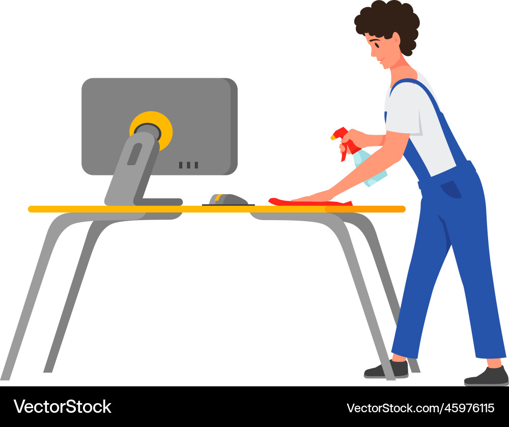 Male cleaner wipe dust on desk with computer use Vector Image