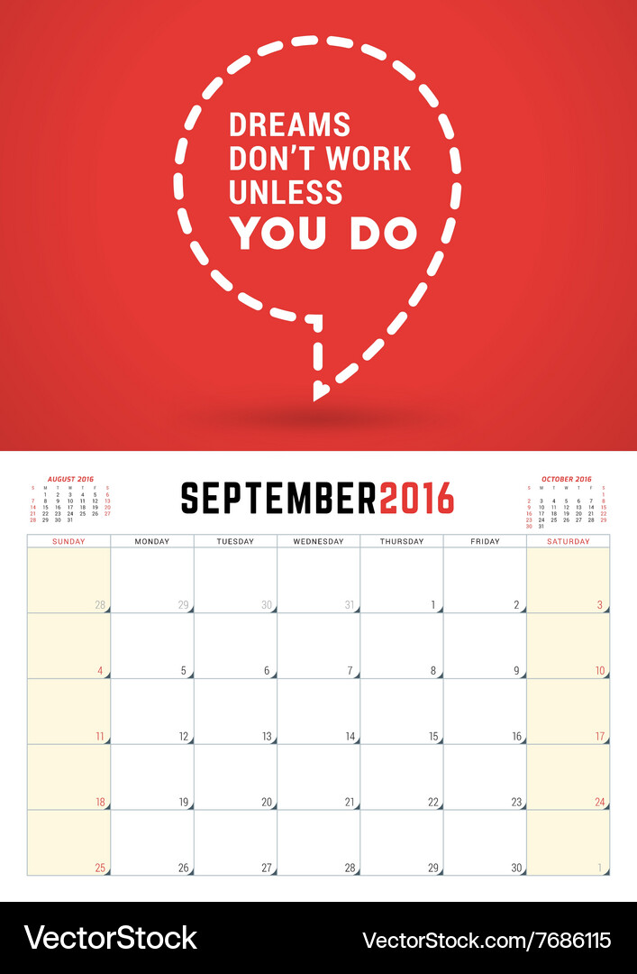 September 2016 wall calendar planner for year Vector Image