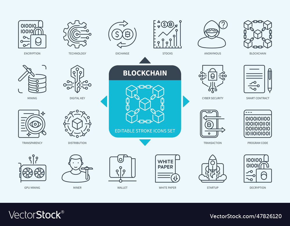 Blockchain icons set with description Royalty Free Vector