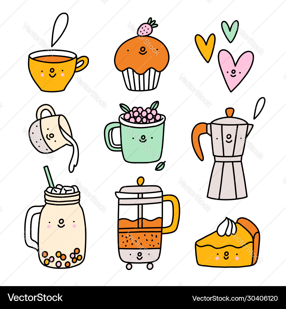 Cute coffee and tea cartoon characters set Vector Image