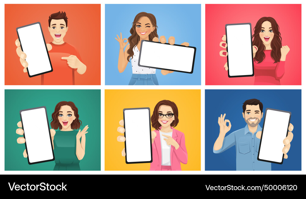Men and women with phone set Royalty Free Vector Image