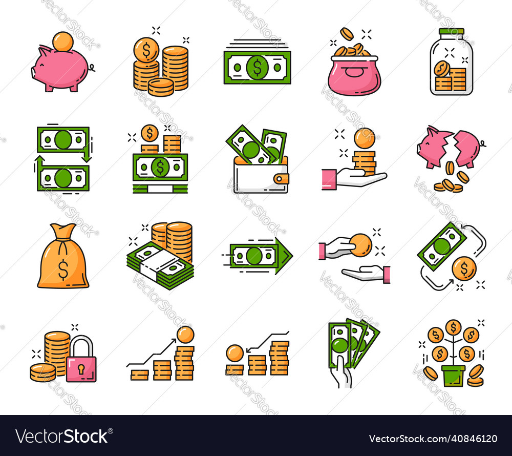 Money finances and savings line icons Royalty Free Vector