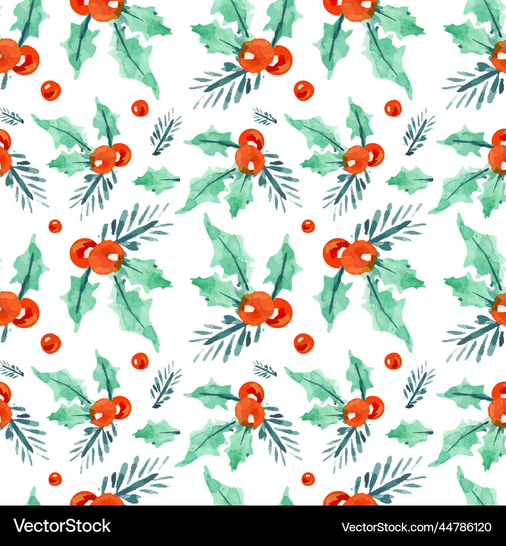 Seamless holly pattern in watercolor style Vector Image
