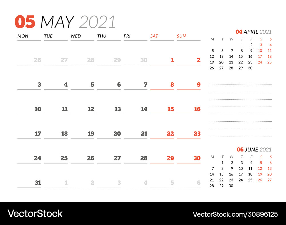 Calendar page for may 2021 monthly planner Vector Image