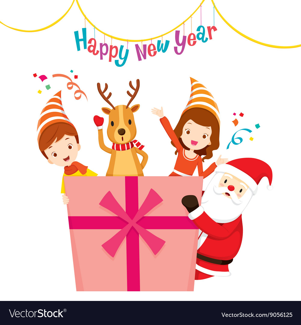 Santa reindeer girl and boy with gift box Vector Image