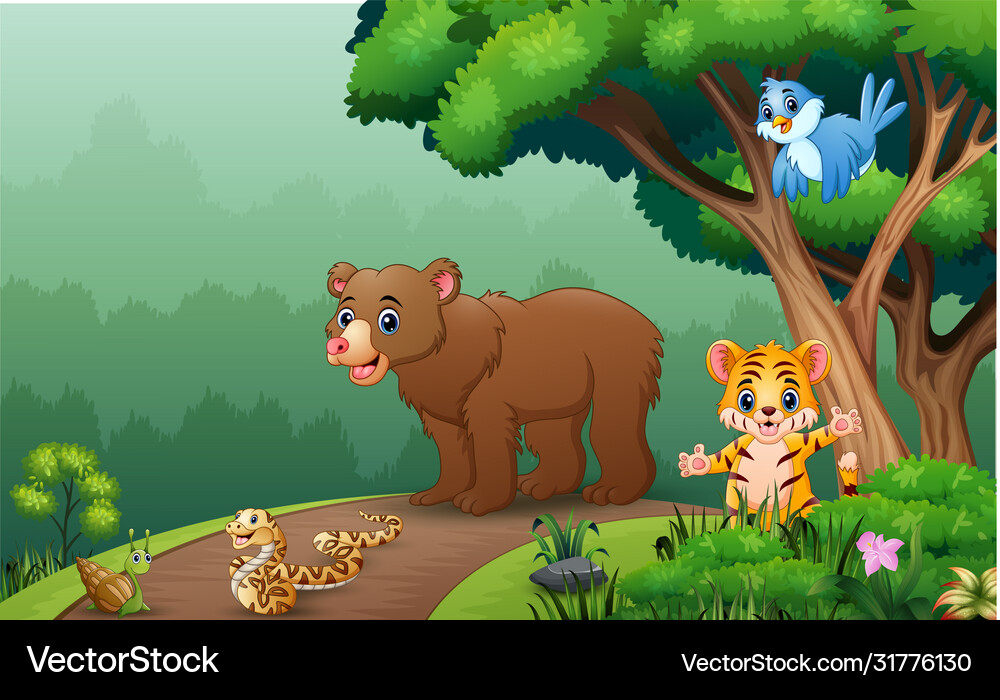 Happy wild animals walking on road Royalty Free Vector Image