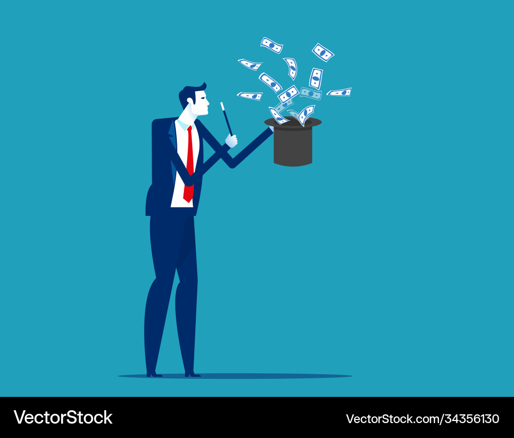 Magician making money from magic hat business Vector Image