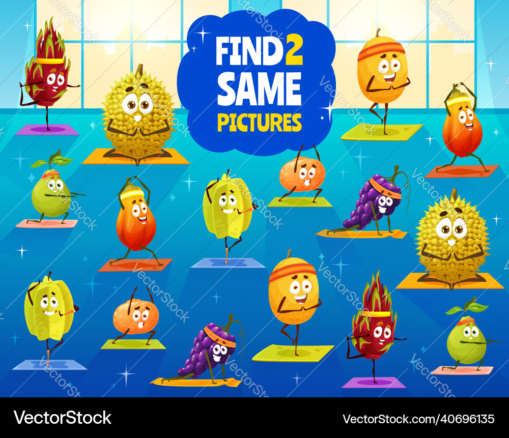 Find two same cartoon fruit characters kids game Vector Image