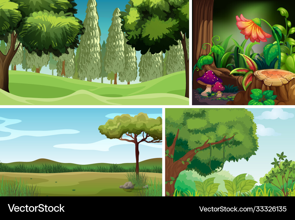 Four different nature scene forest cartoon Vector Image