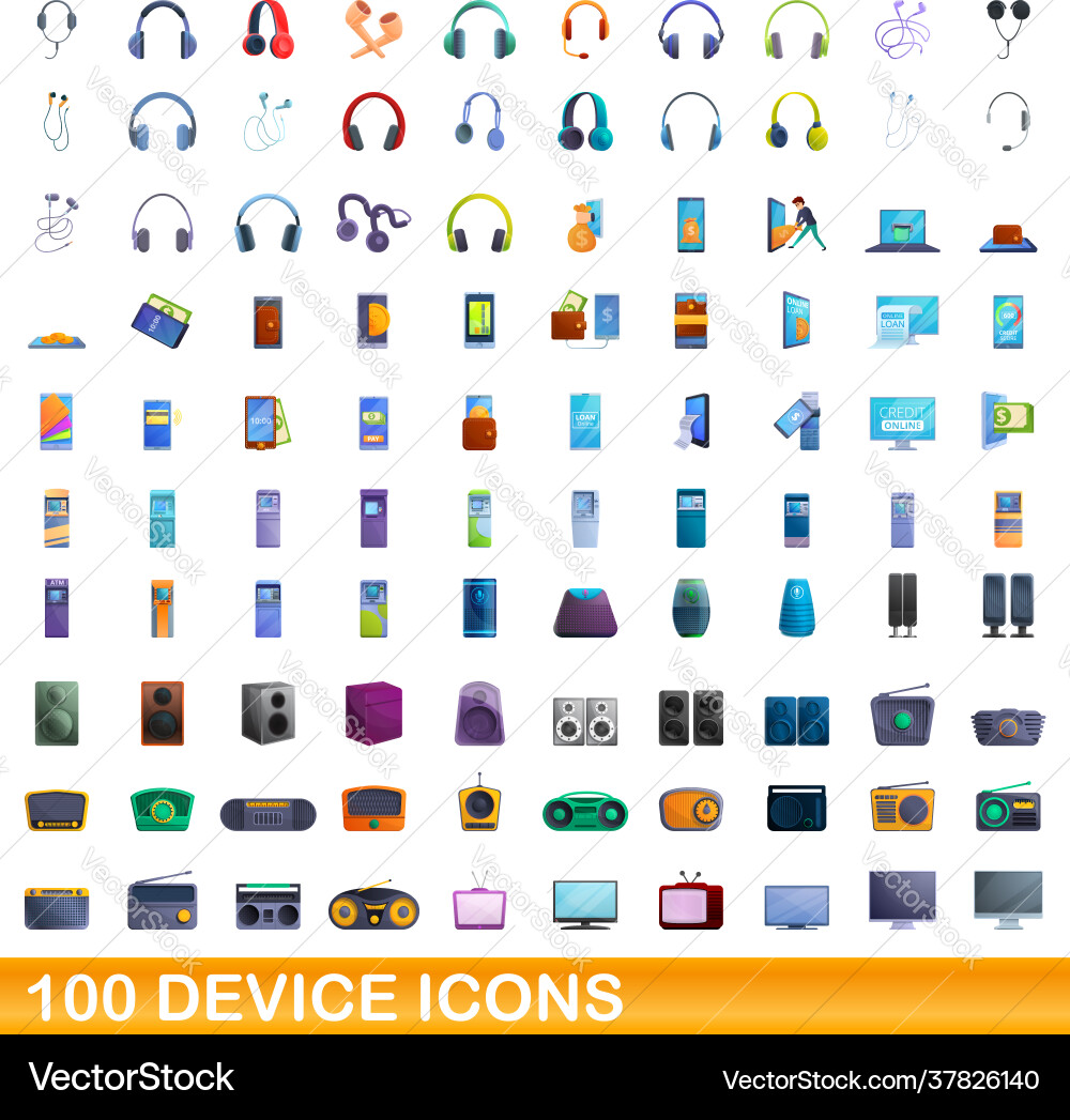 100 device icons set cartoon style Royalty Free Vector Image