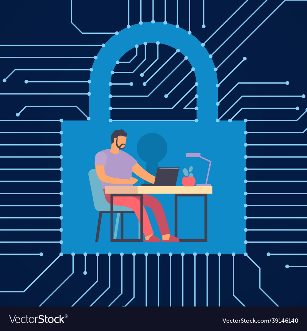 Protected workflow man working at computer Vector Image