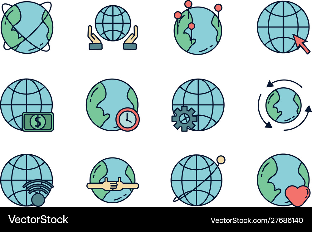 World map global icons set line filled Royalty Free Vector