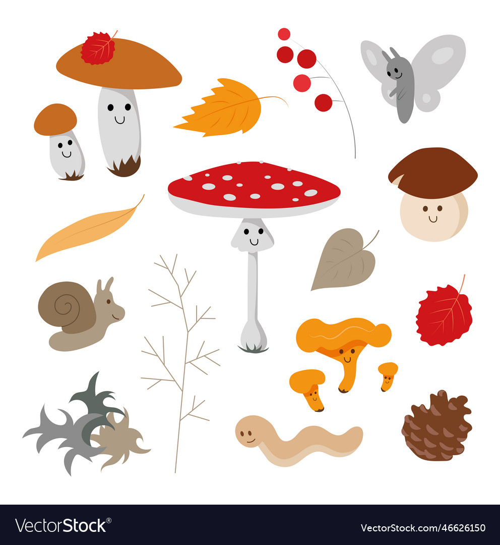 Funny cute autumn mushroom forest set Royalty Free Vector
