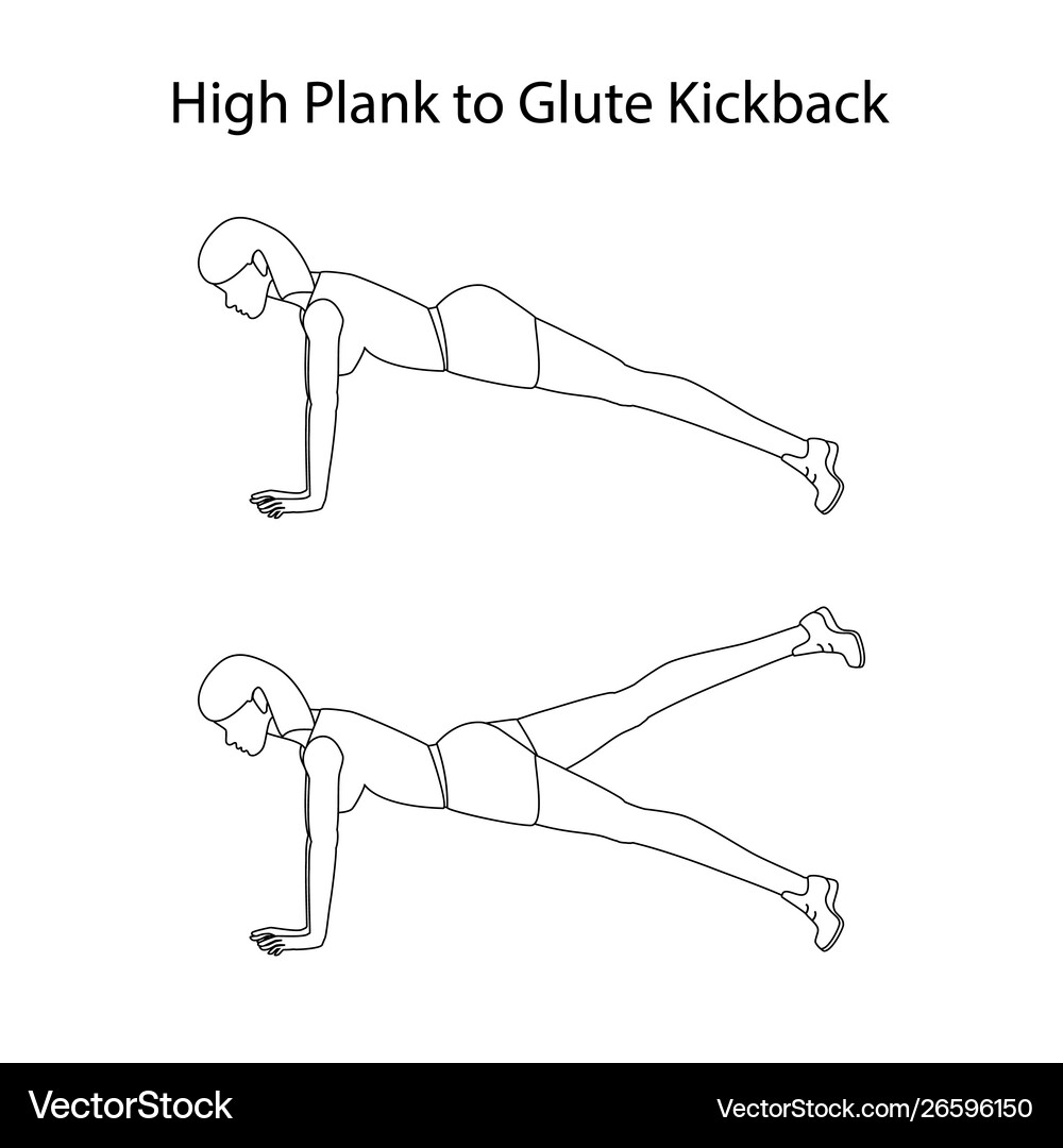 High plank to glute kickback exercise outline Vector Image