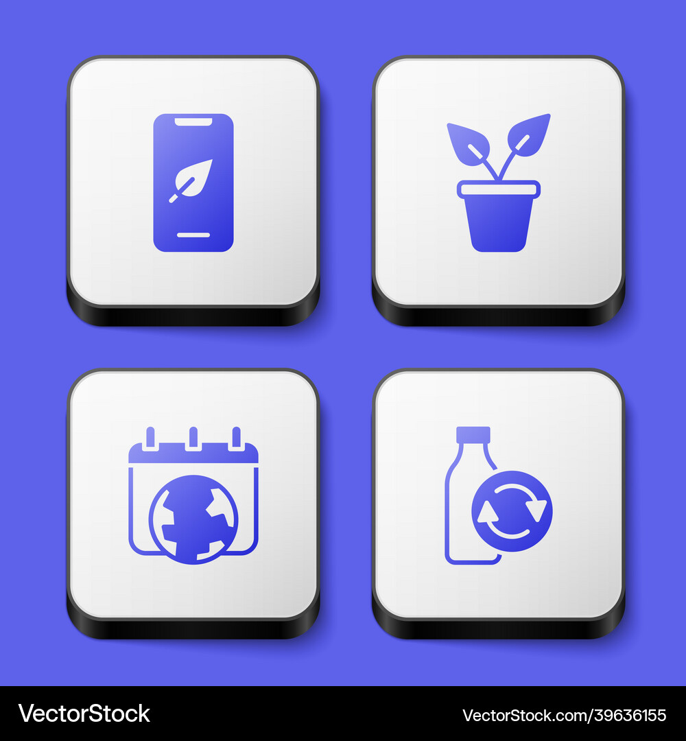 Set mobile phone with leaf plant in pot world Vector Image