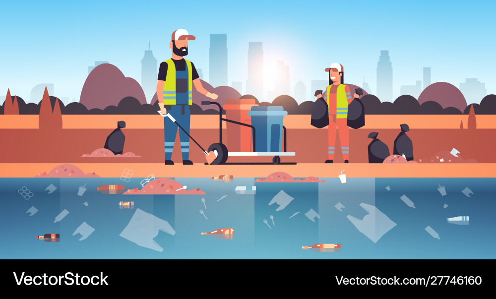 Janitors gathering garbage and packing in black Vector Image