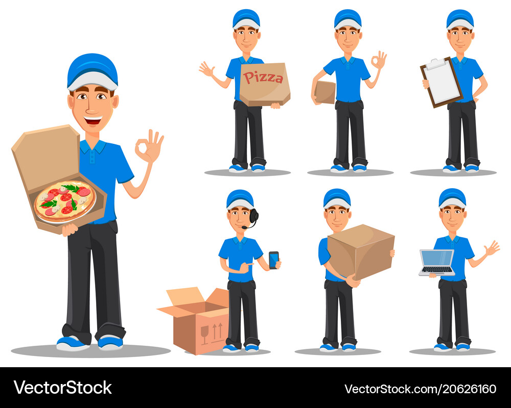 Smiling delivery man in blue uniform set Vector Image