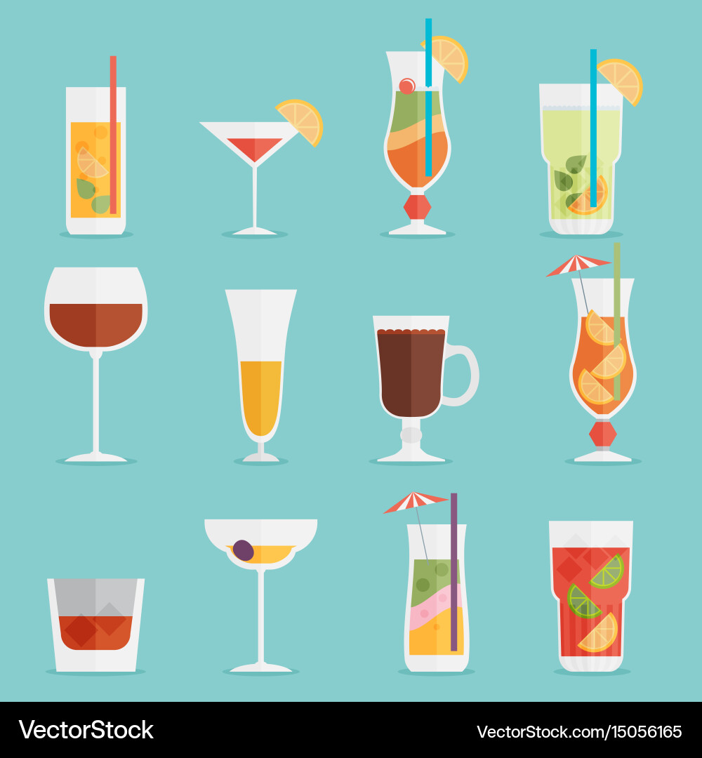 Alcohol drinks and cocktails icon set in flat Vector Image