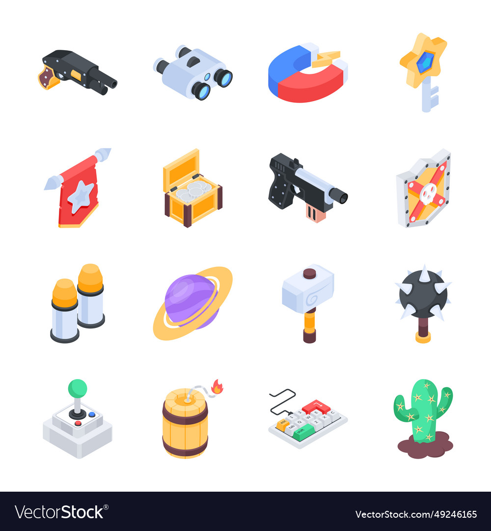 Collection of video game assets isometric icons Vector Image