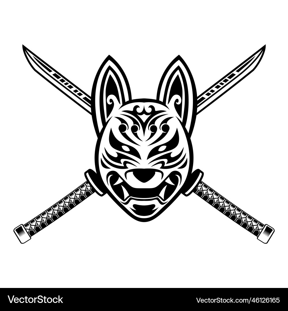 Kitsune head and cross katana samurai black Vector Image