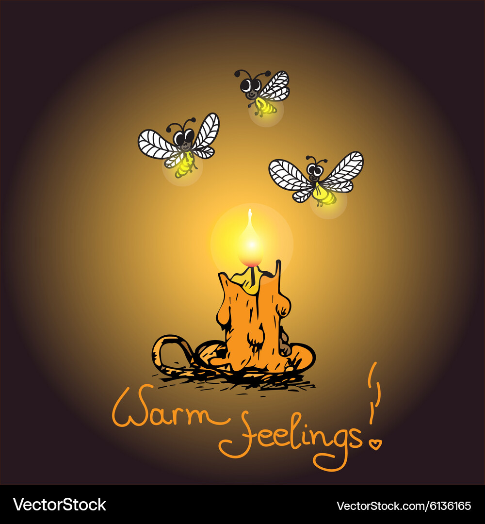 Romantic warm card with candle and fireflies Vector Image