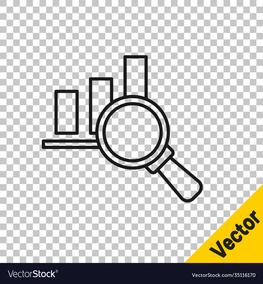Black line magnifying glass and data analysis icon
