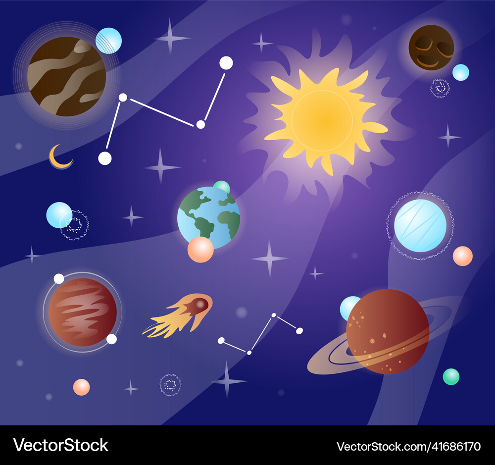 Planets stars and sun Royalty Free Vector Image